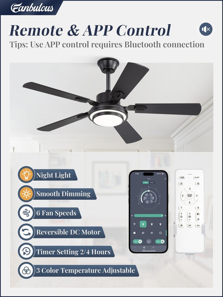 48 Inch Ceiling Fans with Lights and Remote, Black Ceiling Fan with 8 ...