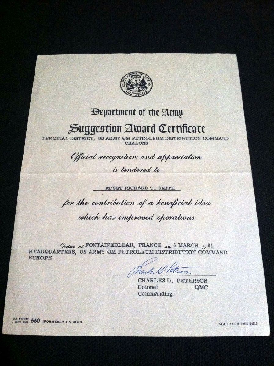 US Army Suggestion Award Certificate NATO MSGT Smith QM 1961 Cold War ...