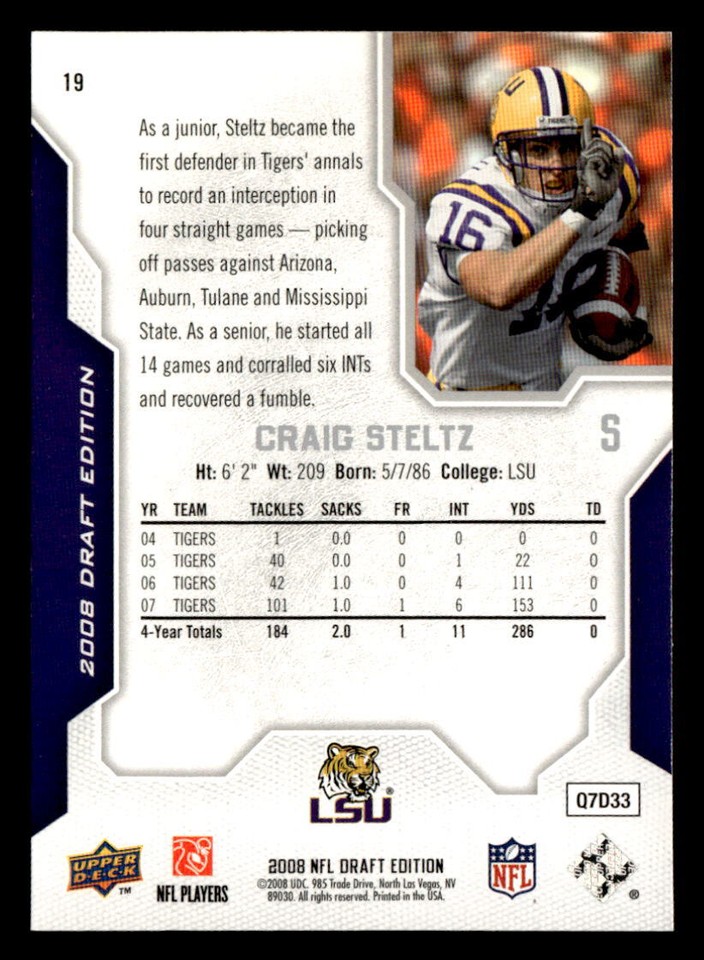 Craig Steltz 2008 Upper Deck Draft Edition Rookie Card #19 LSU Tigers ...