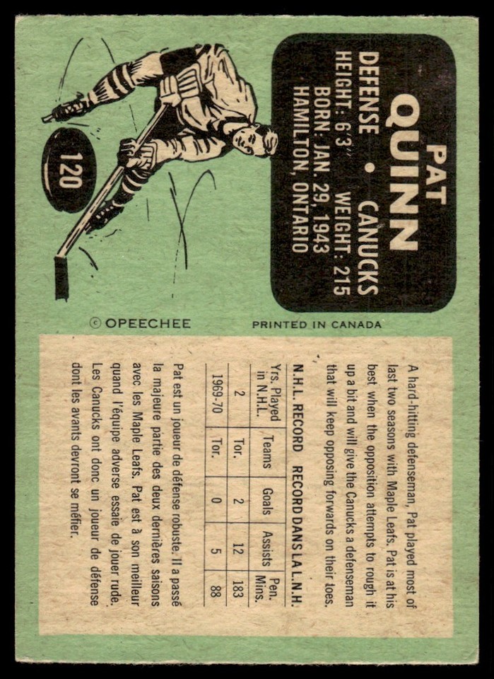 1970-71 O-Pee-Chee Pat Quinn Vancouver Canucks #120 | eBay