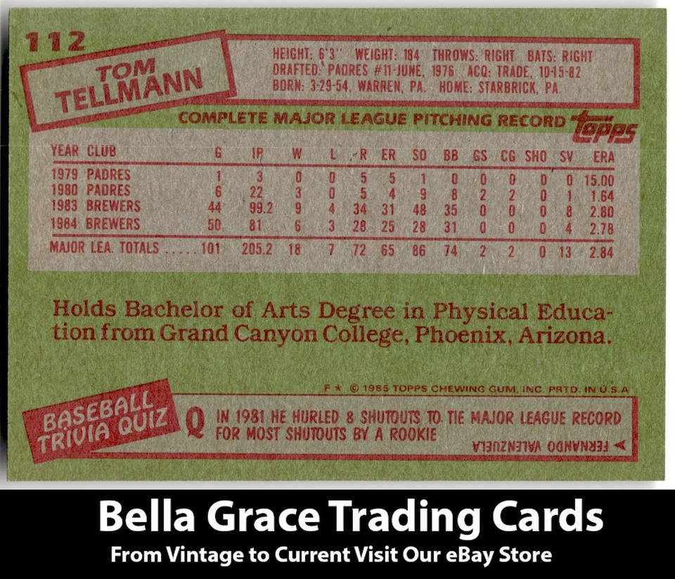 1985 Topps Tom Tellmann #112 Milwaukee Brewers MLB Baseball | eBay