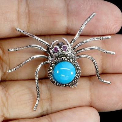 925 Sterling Silver Brooch Pendant Round Ruby Turquoise Spider Gemstone ...