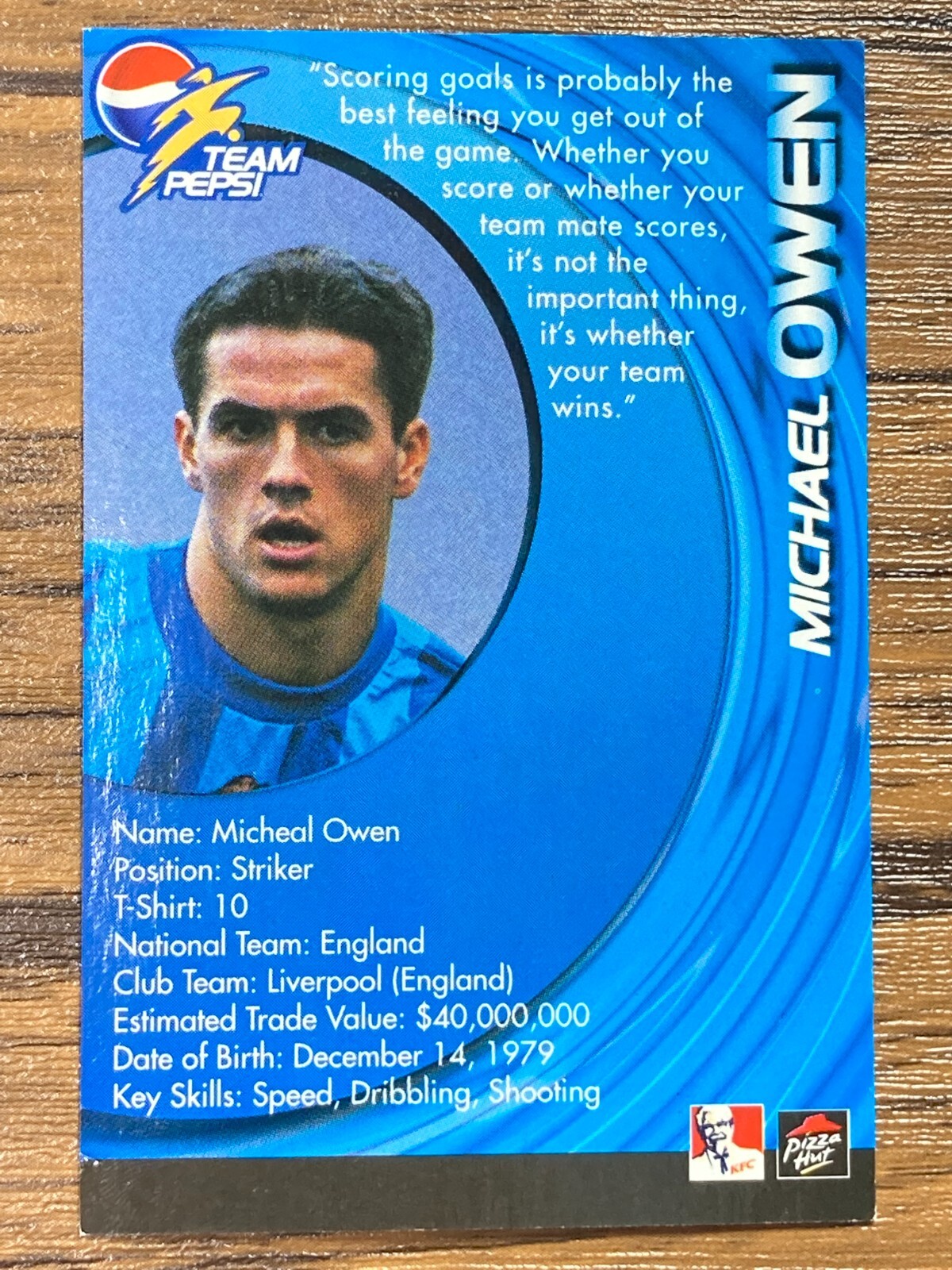 Team Pepsi 2002 FIFA World Cup Soccer Card Michael Owen KFC Pizza Hat ...