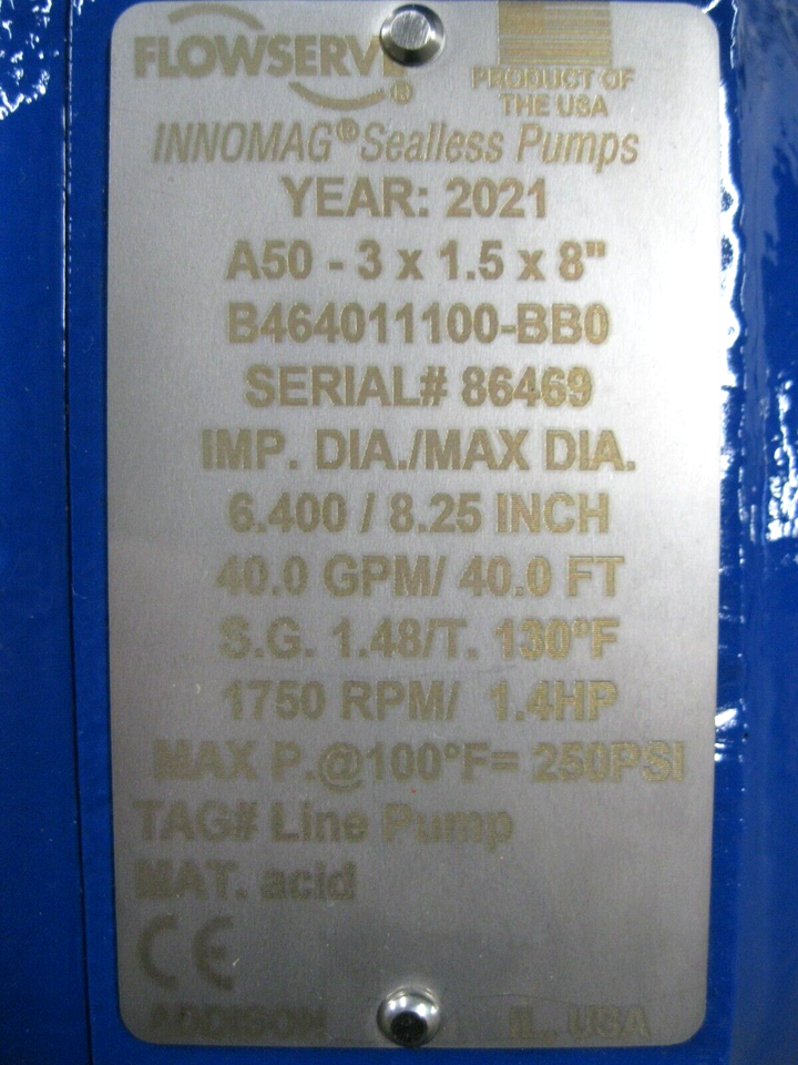 3 x 1-1/2 Flowserve Innomag TB-Mag ETFE B464011100-BB0 Centrifugal Pump ...