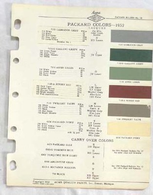 1952 PACKARD ACME COLOR PAINT CHIP CHART ALL MODELS ORIGINAL | eBay