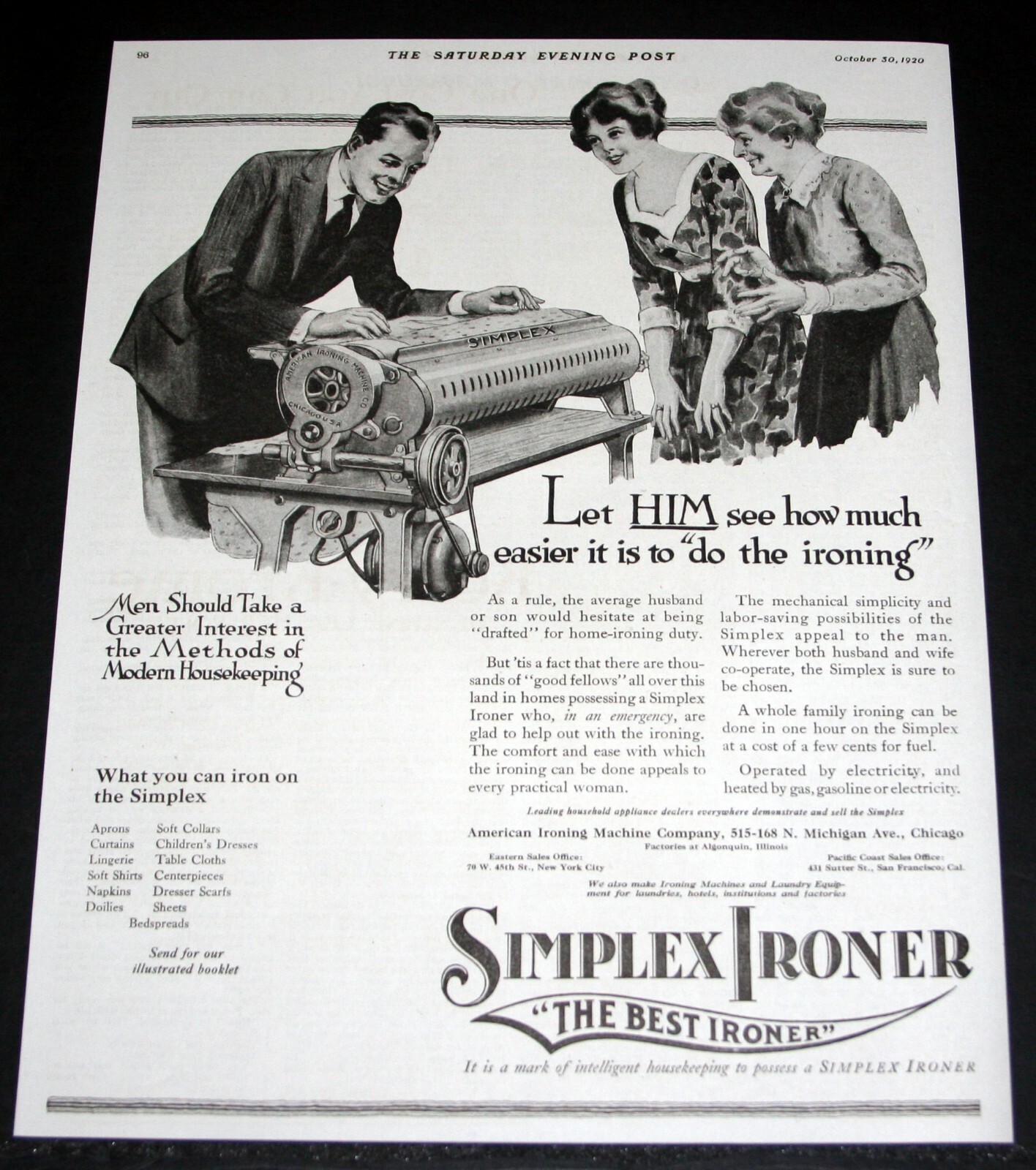1920 OLD MAGAZINE PRINT AD, SIMPLEX IRONER, SEE HOW MUCH EASIER IRONING ...