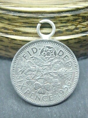 POCKET WATCH CHAIN FOB 1956 VINTAGE LUCKY BRITISH SILVER SIX PENNY BIT ...