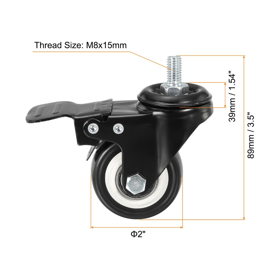 4pcs 2 Inch Swivel Threaded Stem Casters M8x15mm Thread PU Caster Wheel ...