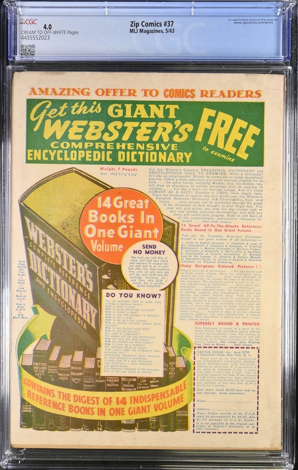 Zip Comics #37 CGC VG 4.0 Scarce Golden Age Super-Hero! Archie 1943 | eBay