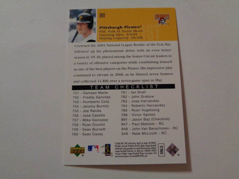 2006 Upper Deck Checklist Jason Bay Card #891 Serial #205/299 | eBay