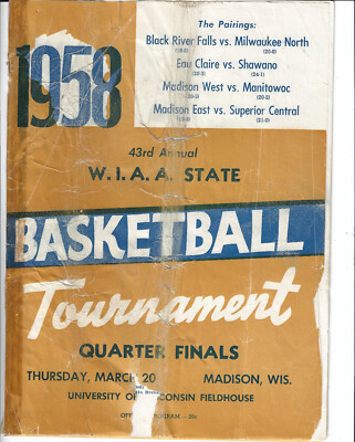 1958 W.I.A.A. State High School Basketball Tournament Program Quarter ...