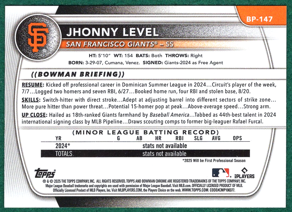 Jhonny Level - 2025 Bowman Prospects #BP-147 - Giants Baseball Card | eBay