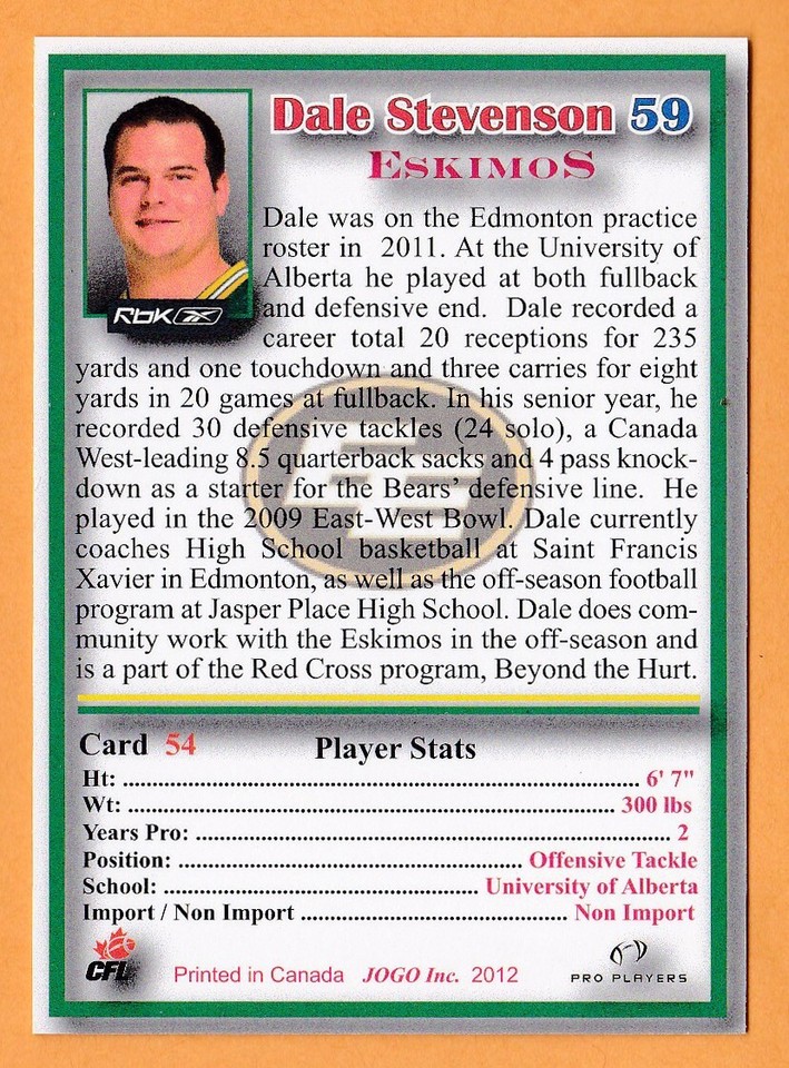 Dale Stevenson 2012 Jogo CFL Pro Player card #54 Edmonton Eskimos ...