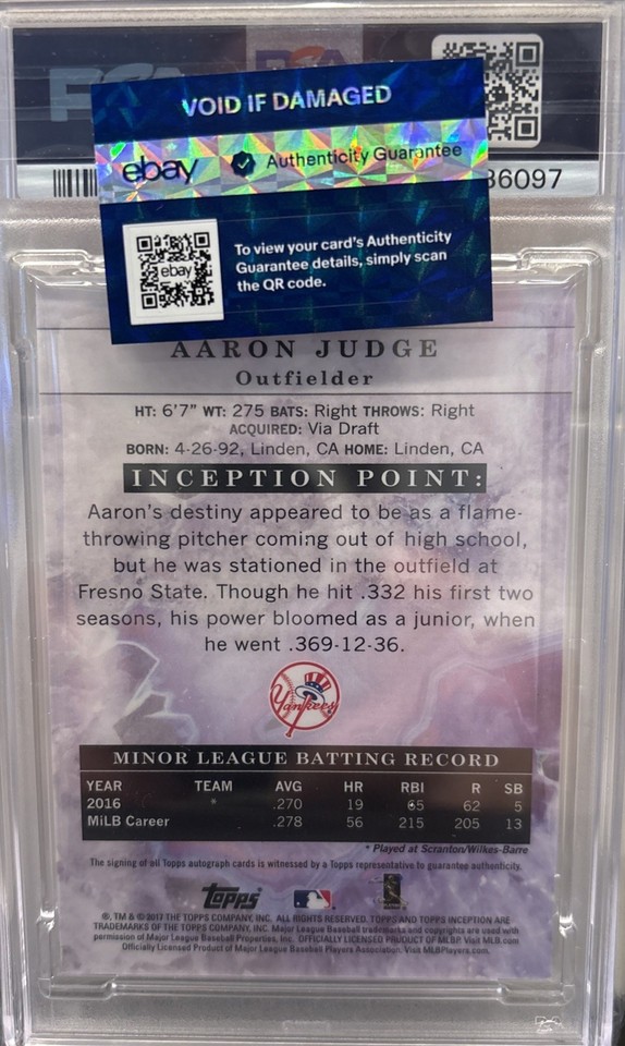 AARON JUDGE 2017 TOPPS INCEPTION ROOKIE AUTO MAGENTA SSP #D/75* PSA 10 ...