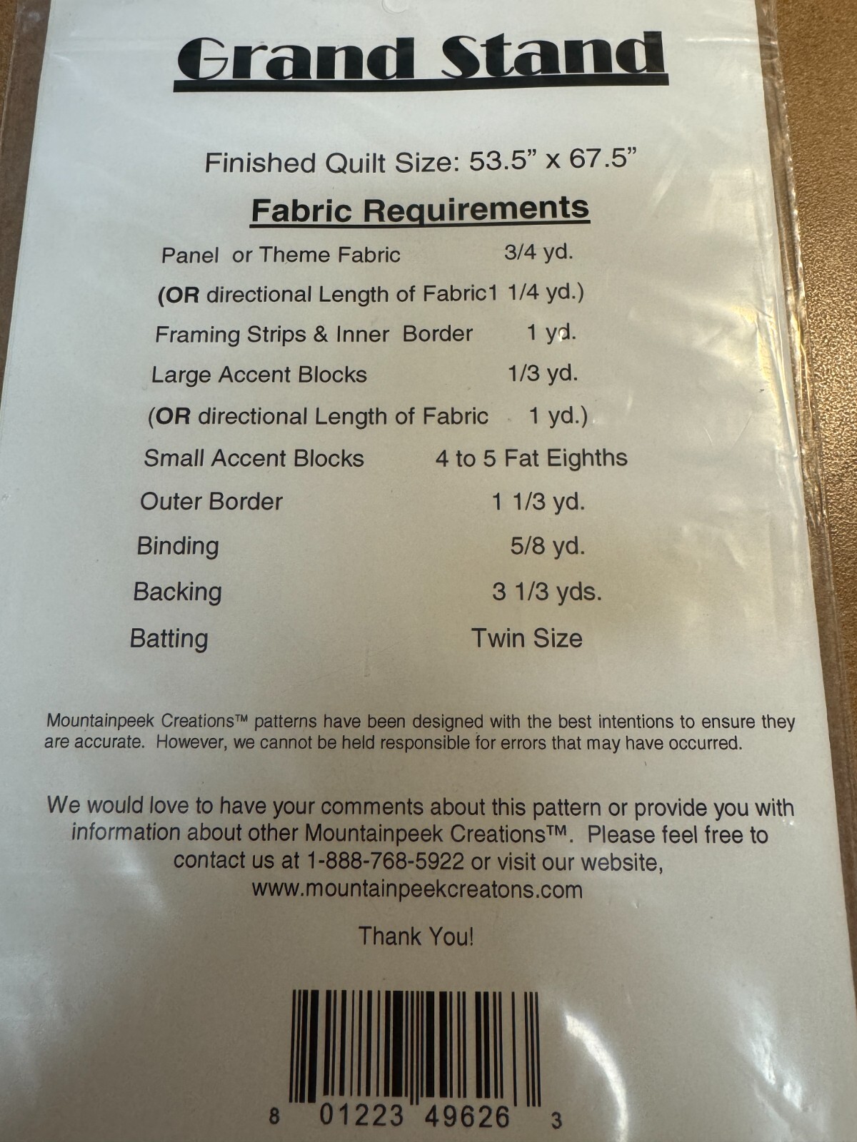 Easy Sew GRAND STAND Quilt sewing pattern 53.5" x 67.5" Mountain Creek ...