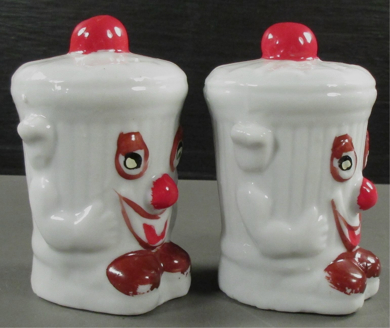 Clown Salt Pepper Shakers Trash Can Garbage Vintage Glazed Ceramic ...