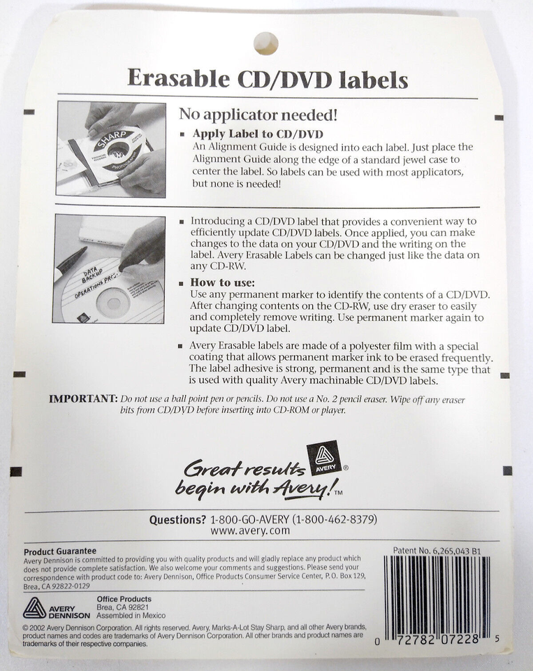 Avery Erasable CD/DVD Labels 10 CD-DVD and 10 Spine Labels - BRAND NEW ...