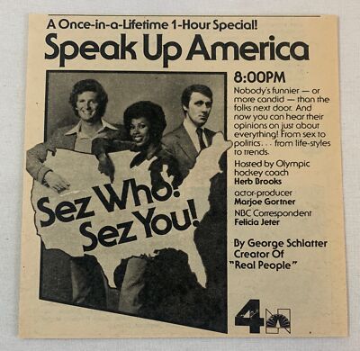1980 NBC tv ad~ SPEAK UP AMERICA Herb Brooks, Marjoe Gortner, Felicia ...