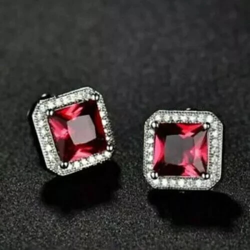 4Ct Princess Lab-Created Red Ruby Women's Stud Earrings 14K White Gold Finish | eBay
