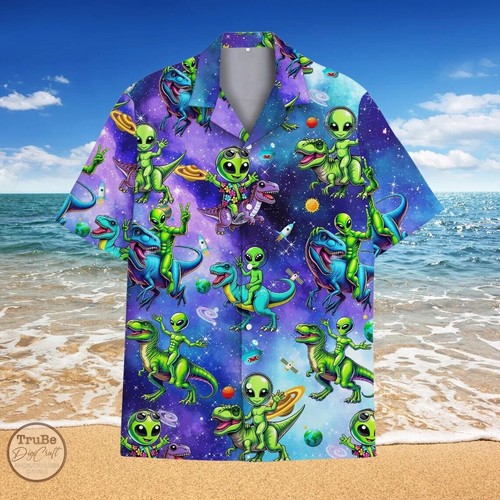 Alien Dinosaur Galaxy Hawaiian Shirt Funny Outer Space Print Summer ...