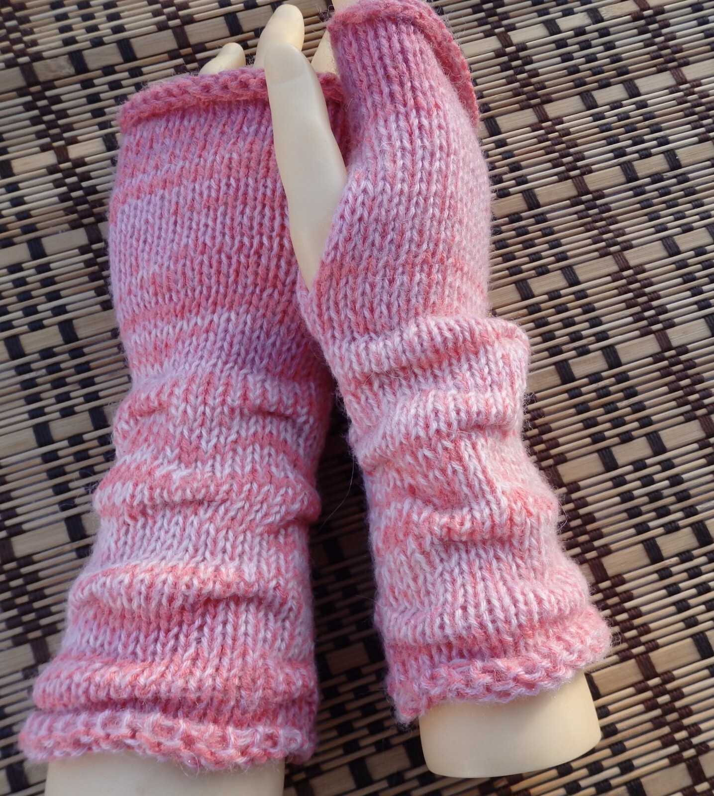 Knitted pink arm warmers, size M women fingerless gloves, angora ...
