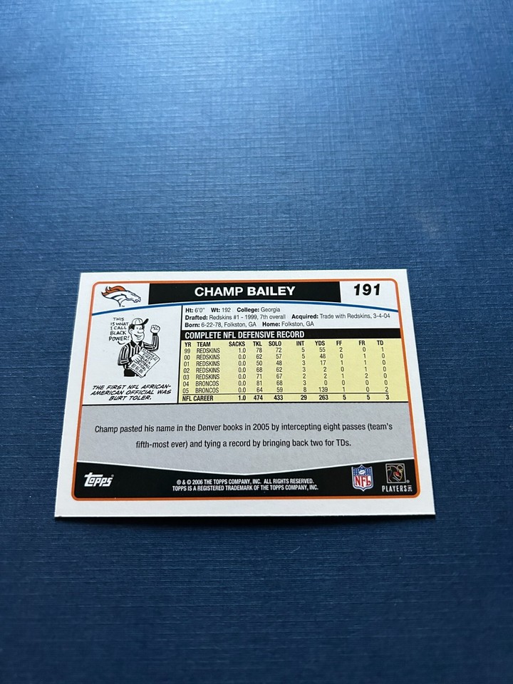 2006 Topps Football Champ Bailey #191 HOF Factory Set Break NM-MT | eBay