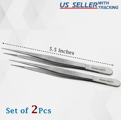 2 Pcs Fine Precision Serrated Point Tweezers 5.5" Stainless Steel CE ...