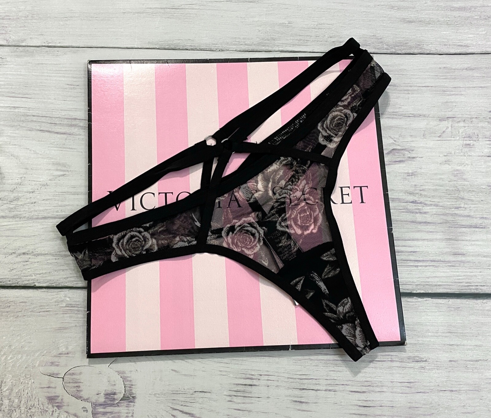 Victorias Secret Luxe Strappy Floral Mesh Ring Bra Thong Garter Set ...