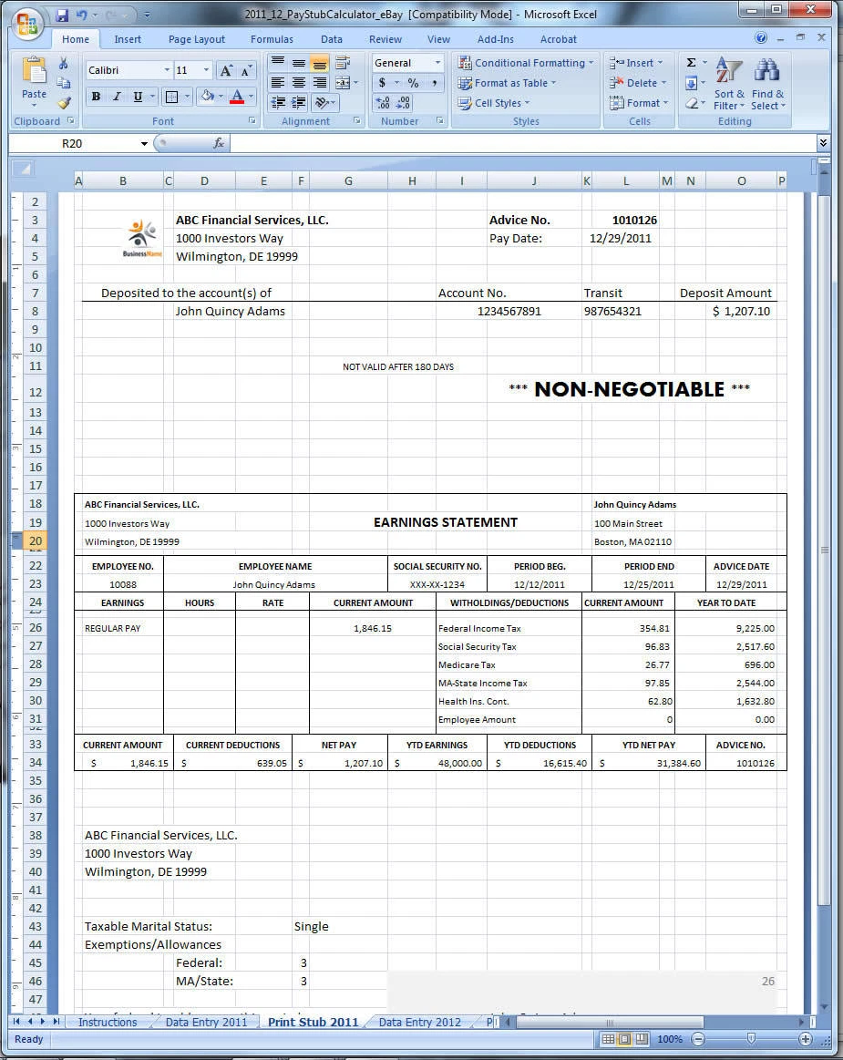 Excel Pay Stub Templates
