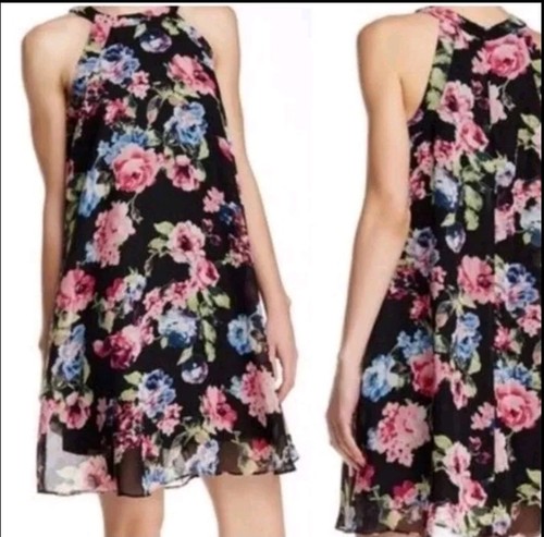 Betsey Johnson Halter Dress Womens Size 8 Pink Floral Chiffon Shift ...