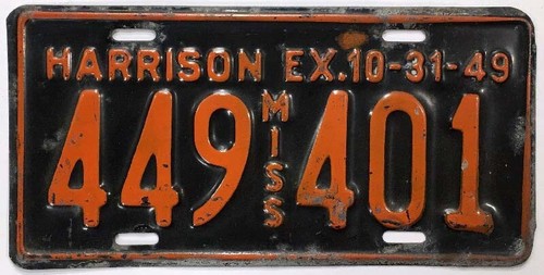 Mississippi 1949 License Plate 449 401 Harrison County Original Paint ...