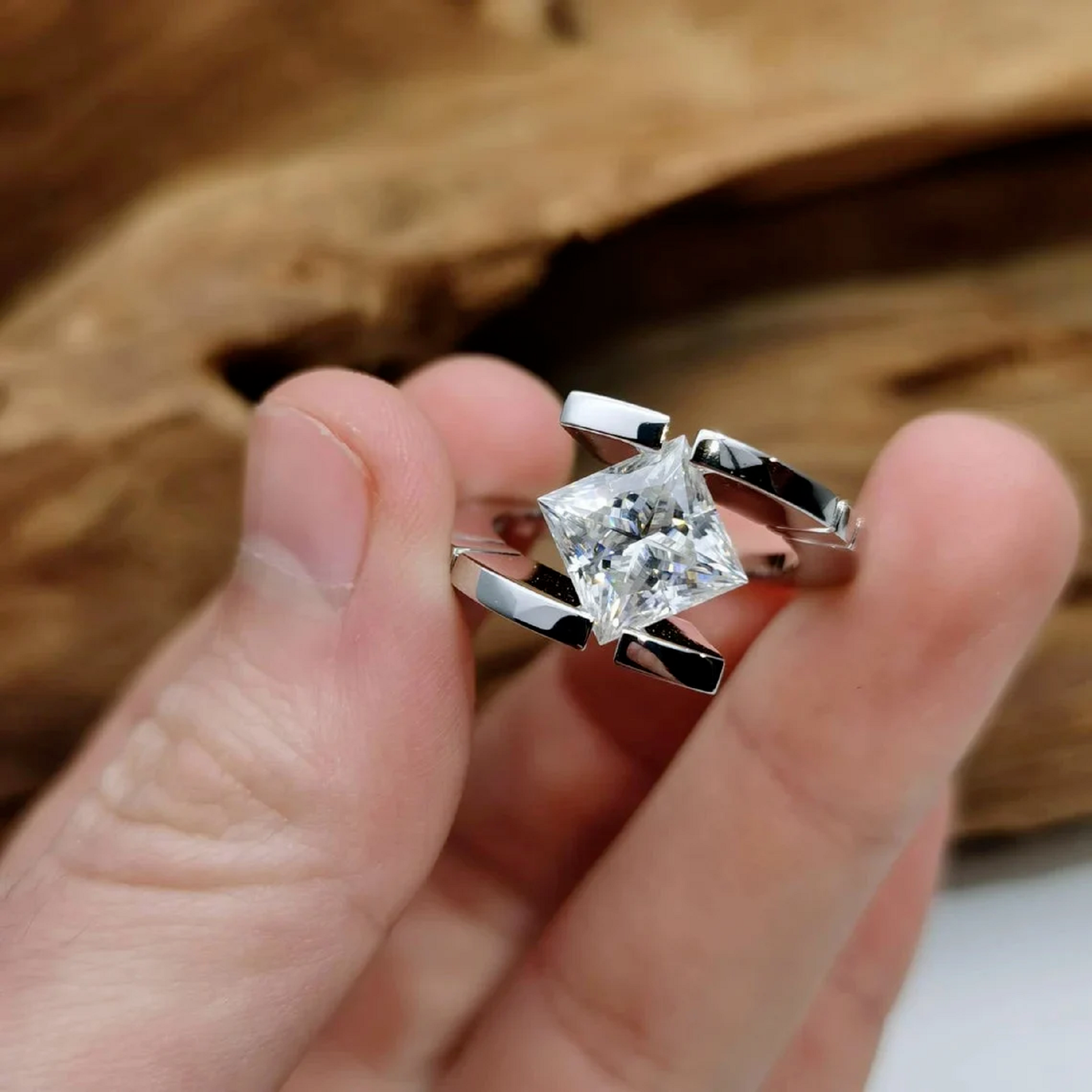 Tension Set Princess Cut Moissanite Ring Bypass Engagement Ring Antique ...