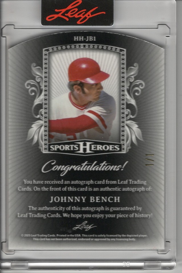 2025 LEAF SPORTS HEROES JOHNNY BENCH AUTO #1/1 *HALL HEROES* | eBay