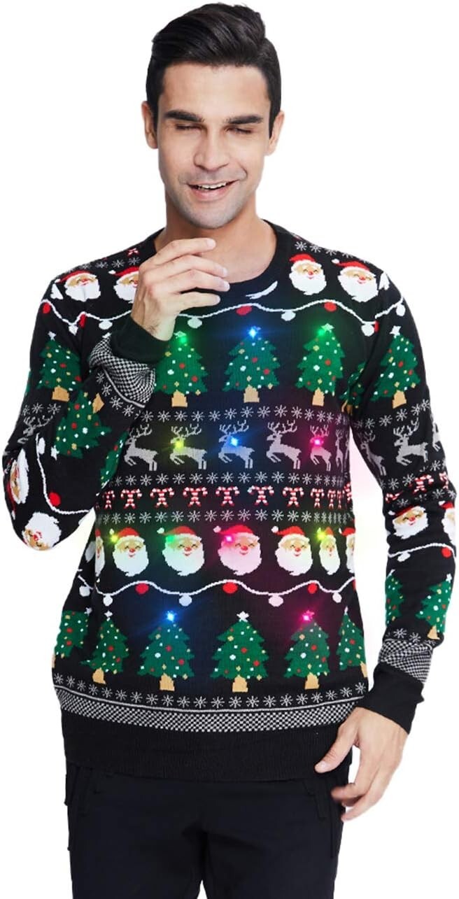 Women Men LED Ugly Christmas Sweaters Funny Pullover Long Sleeve Knit ...