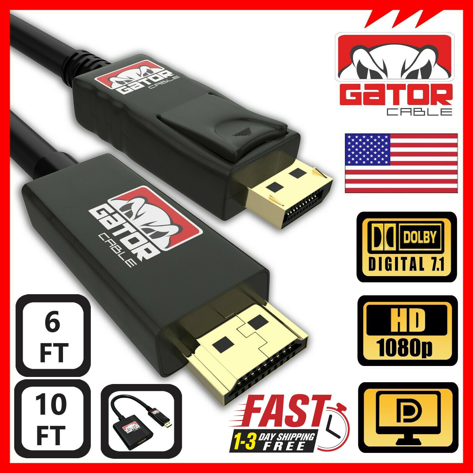 Display Port to HDMI Cable DP Adapter Converter Audio Video PC HDTV ...