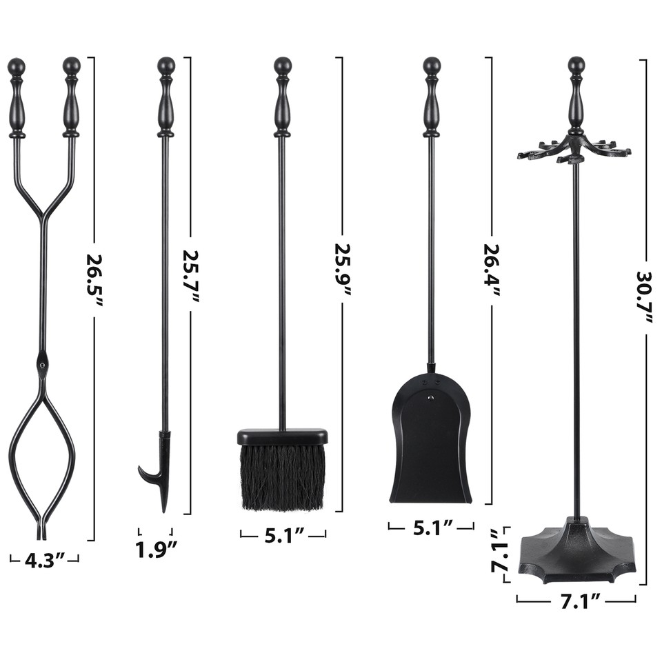 5PCS Fireplace Tools Wrought Iron Large Fire Tool Set and Holder w ...