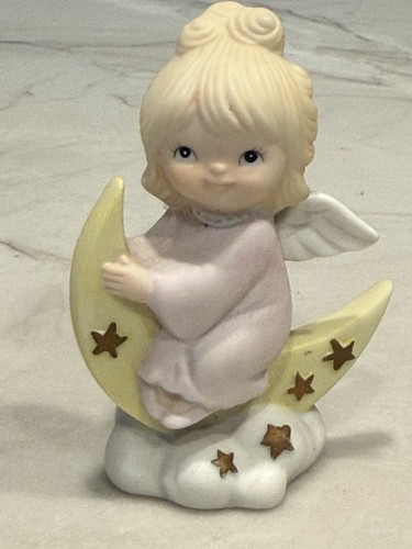 Vintage 1982 Bisque Lefton Pink Girl Angel Sitting On Moon Figurine ...