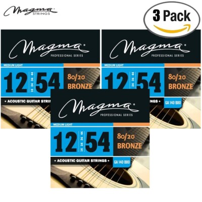 3-PACK Magma GA140B80 80/20 Bronze Acoustic Guitar Strings 12-54 Medium/Light | eBay