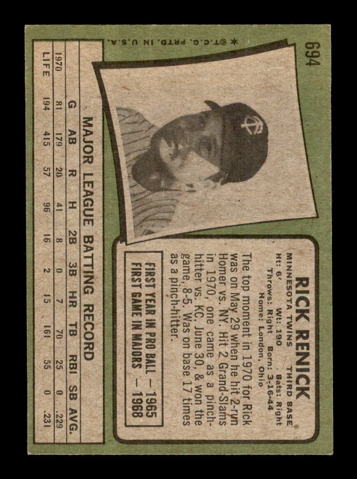 1971 Topps Baseball #694 Rick Renick EX/MT | eBay