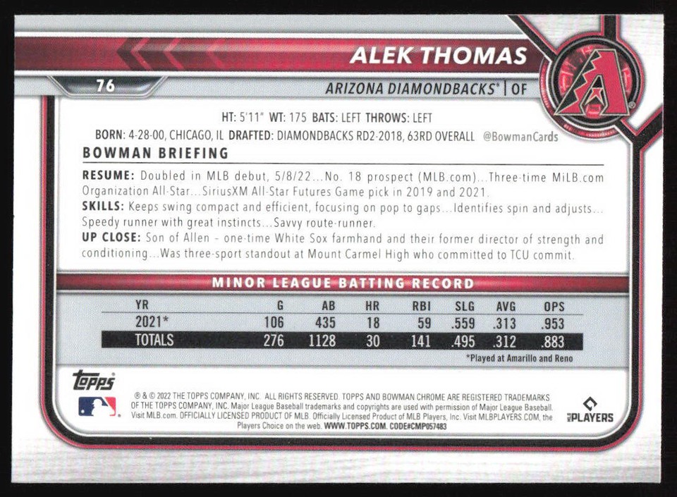 2022 Bowman Chrome Sapphire Alek Thomas #76 RC Diamondbacks | eBay