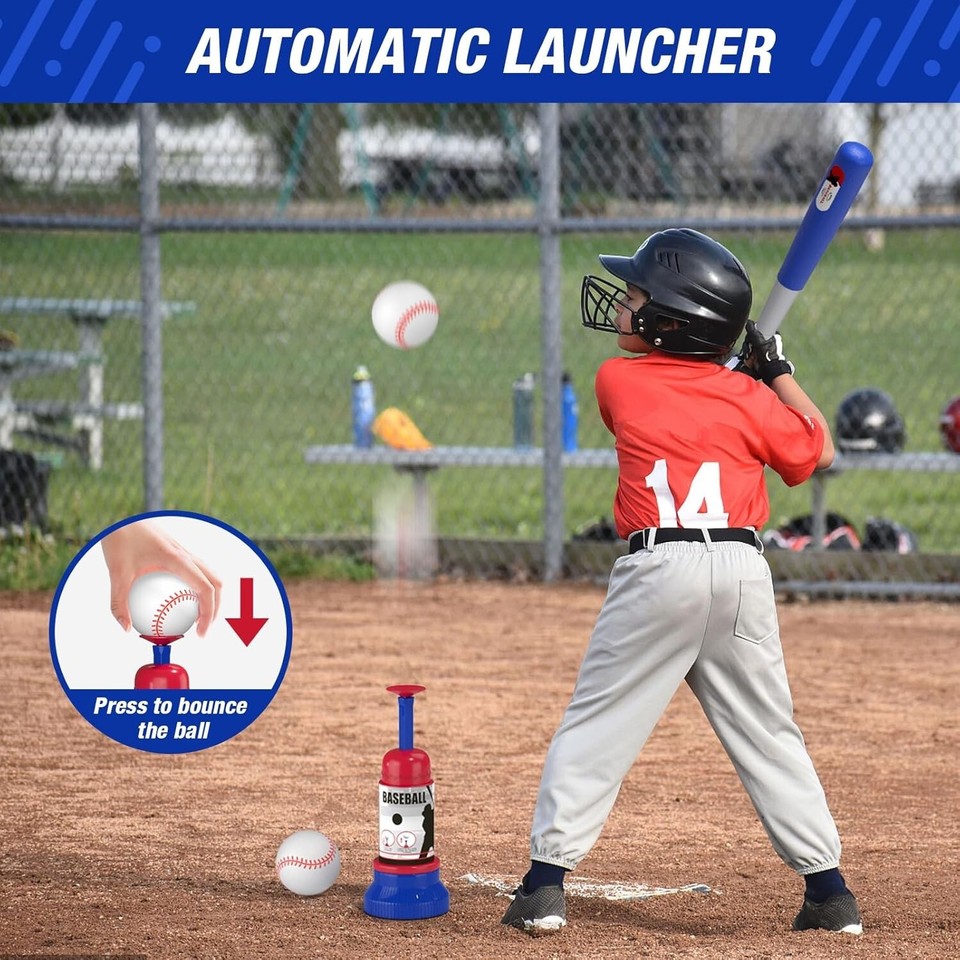 3-in-1 Kids Baseball Set: Tee, Launcher, Softballs – Adjustable, Ages 3 ...