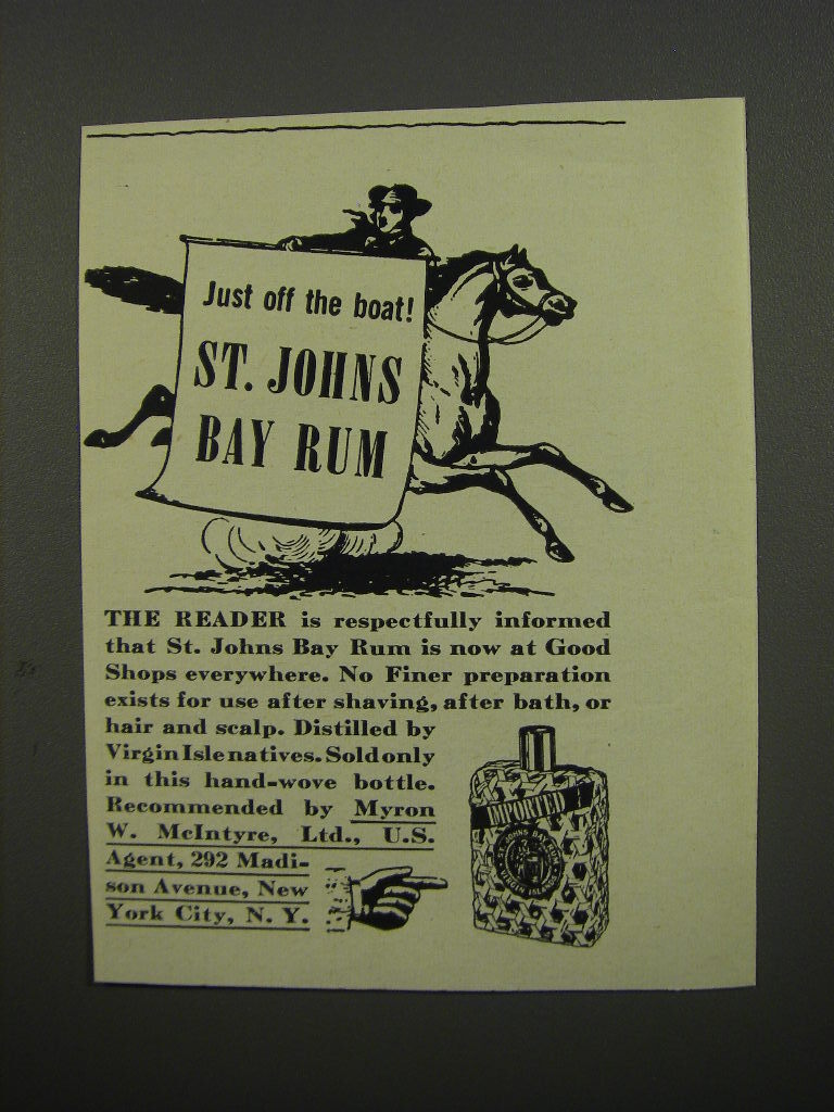 1953 St. Johns Bay Rum After Shave Ad - Just off the boat! St. Johns ...