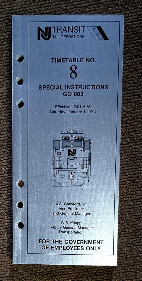 JANUARY 1994 NEW JERSEY TRANSIT EMPLOYEE TIMETABLE #8 | eBay