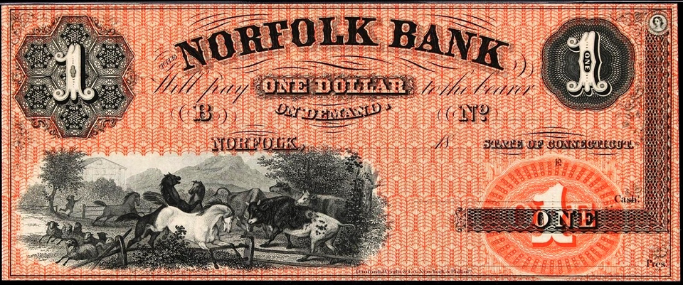 CT $1 The NORFOLK Bank Connecticut 1850s PMG 64 Choice Unc Haxby CT-330 ...