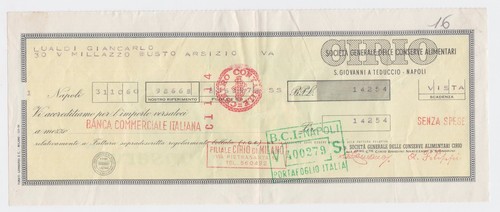 CHEQUE, CHECK ITALY BANCA COMMERCIALE ITALIANA, B.C.I.NAPOLI ...