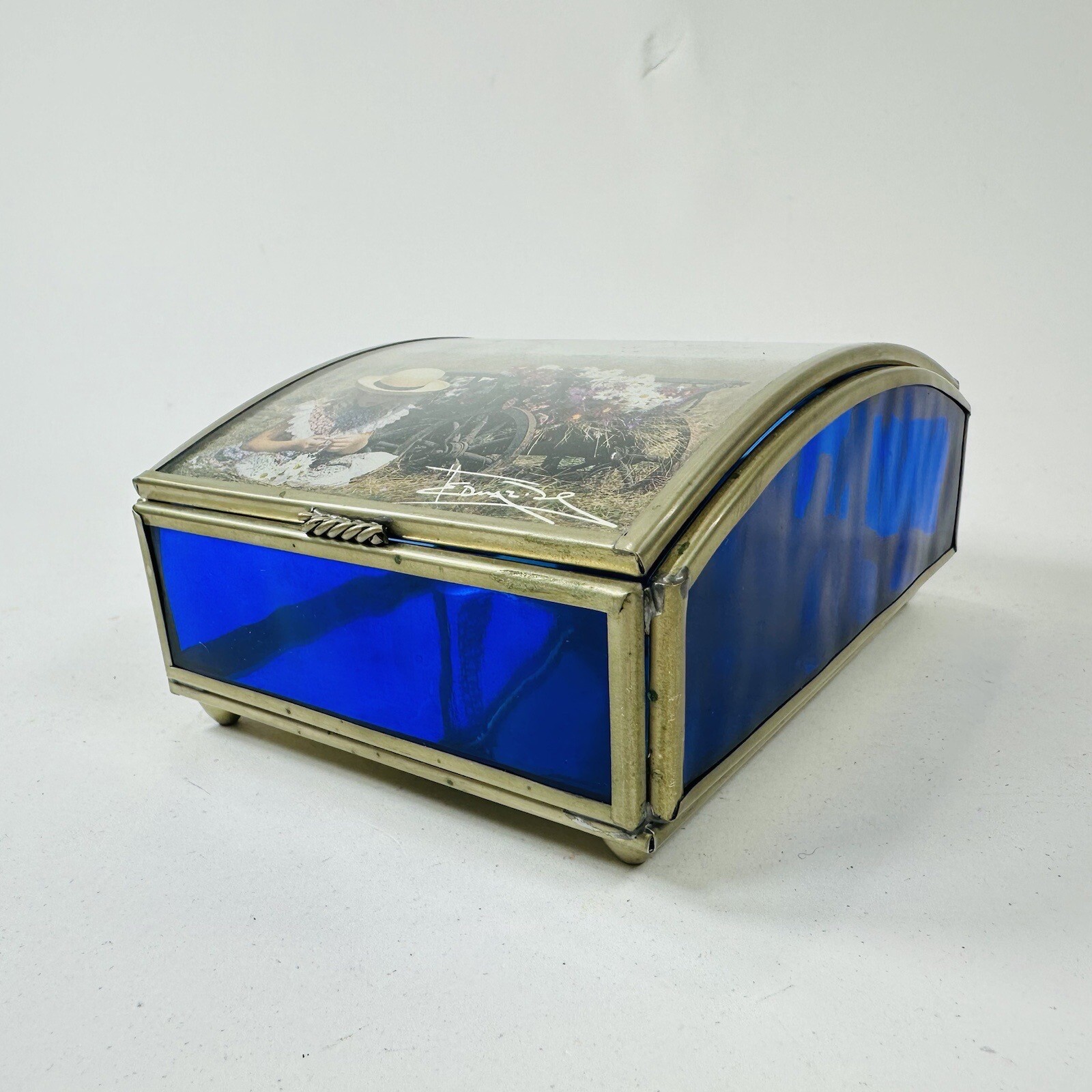 Vtg Enesco Cobalt Blue Glass Trinket Hinged Box “In The Good Old Summer ...