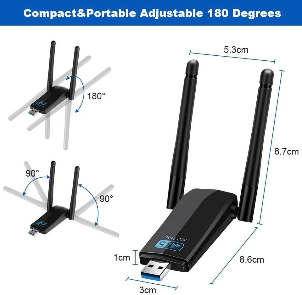 WiFi Adapter USB 3.0, AC1300 Mbps, Dual Band 5GHz/2.4G, Wireless ...
