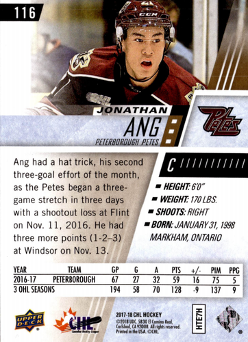 2017-18 Upper Deck CHL - Jonathan Ang #116 (RC) | eBay