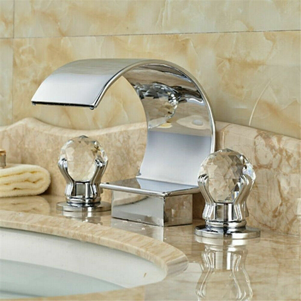 Modern Chrome Waterfall Bathroom Sink Faucet Brass Dual Crystal Handle ...