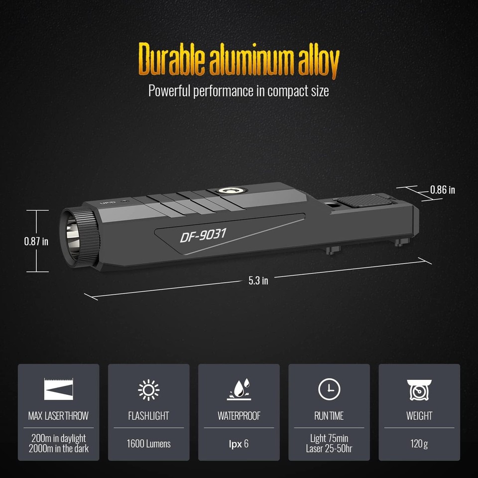DEFENTAC 1600 Lumens Tactical Flashlight & Green Laser Sight M-LOK Rail ...